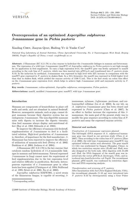 Pdf Overexpression Of An Optimized Aspergillus Sulphureus β Mannanase Gene In Pichia Pastoris