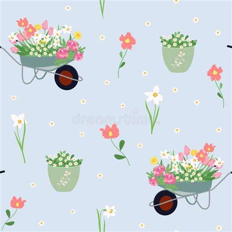 Beautiful Vector Seamless Floral Pattern With Spring Flowers Tulips Daffodils And Garden Cart