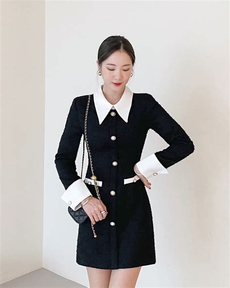 하객룩 백화점 퀄리티 진주버튼 미니 트위드 원피스