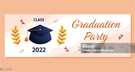 모자와 황금 가지가있는 졸업 파티 수평 배너 초대장 벡터 레이아웃 템플릿입니다 학위 수여식 초대 학생 인사말 디자인 2022년에 대한 스톡 벡터 아트 및 기타 이미지