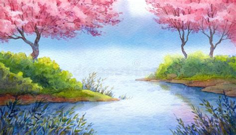 Paisaje De La Acuarela De La Primavera Árboles Florecientes Sobre El