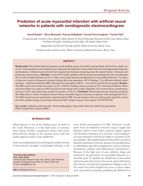 Pdf Prediction Of Acute Myocardial Infarction With Artificial Neural Networks In Patients With