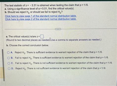 Solved The Test Statistic Of Z −3 31 Is Obtained When