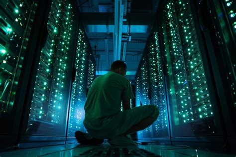 Engineer Overseeing Data Center Operations In A Server Room Premium