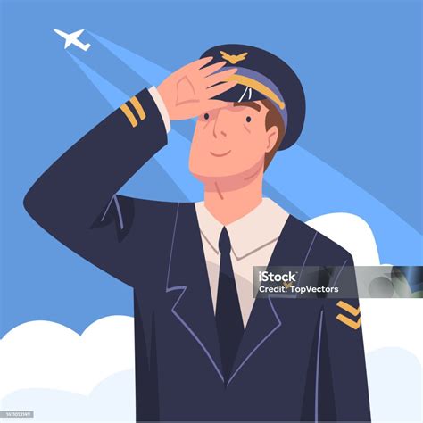 맨 항공기 조종사 또는 비행사 모자와 유니폼 하늘에서 올려다 보는 벡터 일러스트 레이 션 승무원 교통 관련 직업에 대한 스톡 벡터 아트 및 기타 이미지 승무원 교통 관련