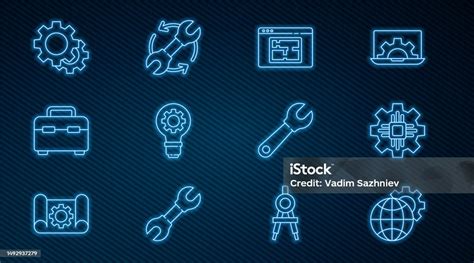 지구 및 기어 프로세서 하우스 플랜 전구 도구 상자 기어 렌치 스패너 및 화살표를 워크 플로우 아이콘으로 설정합니다 벡터 Cpu