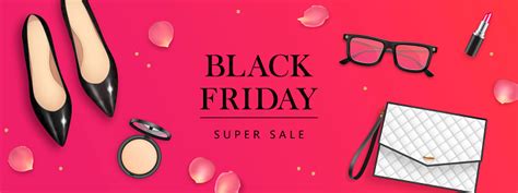 블랙 프라이데이 가로 배너 디자인 템플릿에는 현실적인 3d 우아한 빨간 신발 핸드백 립스틱 파우더 및 장미 꽃잎이 있습니다 여성 액세서리 및 화장품 구성 벡터 그림 0명에