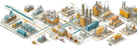 Isometric Layout Of A Refinery Featuring Detailed Workflow Arrows Illustrating Processes And