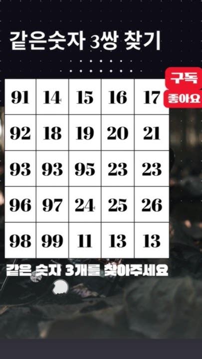 시사상식을 진짜 상식으로 변환같은숫자 3쌍을 맞춰보세요정답을 찾으셨다면 정답을 2번 터치해보세요같은숫자 숫자퀴즈 같은숫자찾기 치매예방 기억력향상 퀴즈 메모리