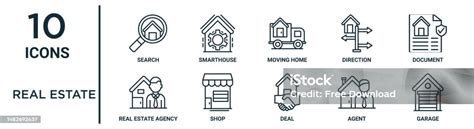 부동산 개요 아이콘 세트에는 가는 선 검색 이사하는 집 문서 상점 에이전트 차고 보고서 프레젠테이션 다이어그램 웹 디자인을 위한 부동산 중개 아이콘이 포함됩니다 0명에 대한