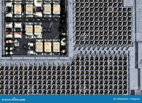 Macro Of The Cpu Socket Showing The Extreme Small Connector Pins Stock Photo Image Of Board