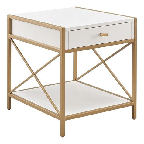 Pemberly Row Modern Metal And Wood Drawer End Table In Whitegold