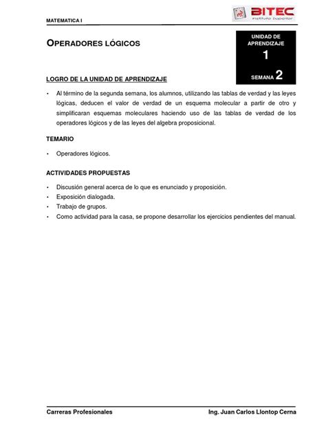 Semana 02 Operadores Logicos Pdf Si Y Solo Si Proposición