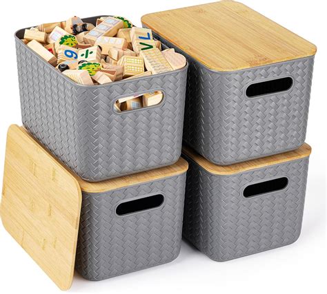 4 Packs Storage Bins With Bamboo Lids Plastic Storage Containers With Lids Stackable Storage