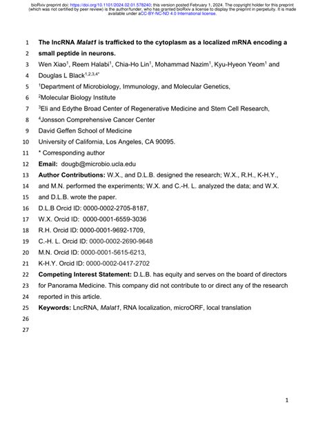 Pdf The Lncrna Malat1 Is Trafficked To The Cytoplasm As A Localized