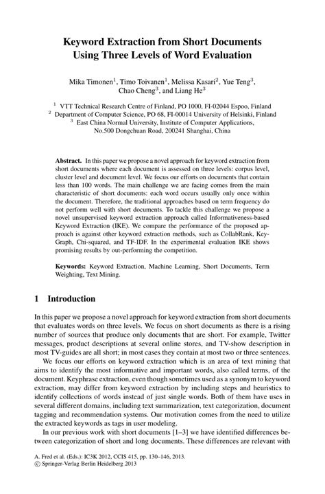 Pdf Keyword Extraction From Short Documents Using Three Levels Of