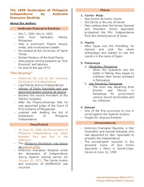 Bsmls 2 Y1 Notes On The 1898 Declaration Of Philippine Independence