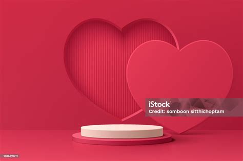 창 하트 모양 배경과 현실적인 빨간색과 흰색 3d 실린더 받침대 연단 발렌타인 미니멀 씬 용 제품 무대 쇼케이스 프로모션