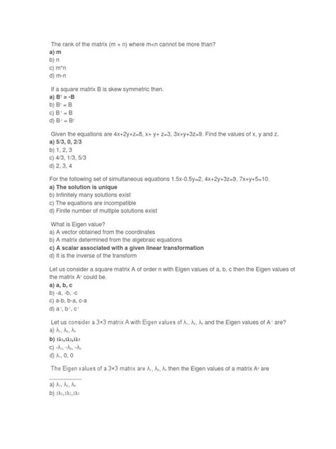 Mcqs Pdf Matrix Mathematics Eigenvalues And Eigenvectors