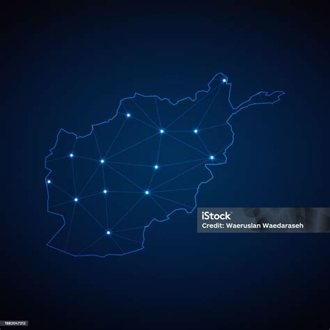 아프가니스탄의 추상적인 Wireframe 메시 다각형 지도 와 불빛 와 도시 통하고 있는 진한 파란색 배경 벡터 일러스트 레이 션 Eps10 0명에 대한 스톡 벡터 아트 및