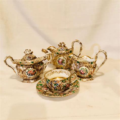 Jacob Petit Paris Porcelain Tea Set With Gilt And Colorful Rococo
