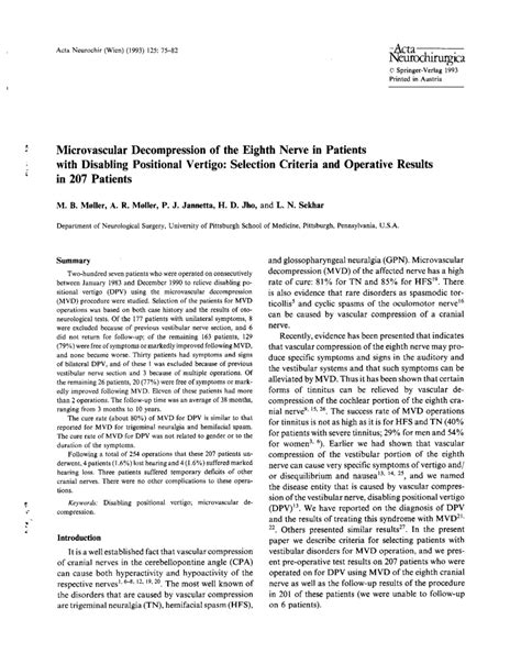 Pdf Microvascular Decompression Of The Eighth Nerve In Patients With Disabling Positional