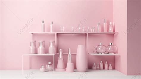 최소한의 파스텔 핑크 벽과 화장품 디스플레이 케이스를 갖춘 3d 렌더링 패션 쇼케이스 화장 배경 레이스 배경 제품 디스플레이 배경 이미지 Hd 화장 레이스 제품