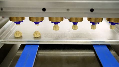 Industrial Cookie Machine Forming A Line Of Uncooked Cookies On A Metal Tray Stock Image Image