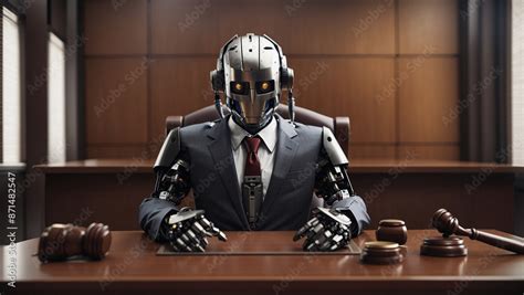 The Image Shows A Robot Judge Wearing A Suit And Tie Sitting At A Desk