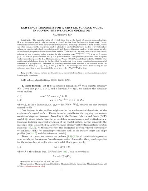 Pdf Existence Theorems For A Crystal Surface Model Involving The P Laplacian Operator