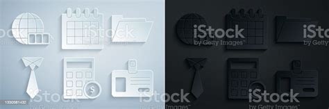 달러 기호 문서 폴더 넥타이 식별 배지 캘린더 및 배터리 충전 수준 표시기 지구 아이콘으로 계산기를 설정합니다 벡터 넥타이에
