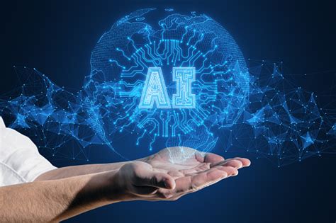 사업가의 손은 빛나는 디지털 다각형 Ai와 파란색 배경에 지구 홀로그램을 들고 있다 인공 지능 메타버스 및 기술 개념입니다 이중 노출 3차원 형태에 대한 스톡 사진 및 기타