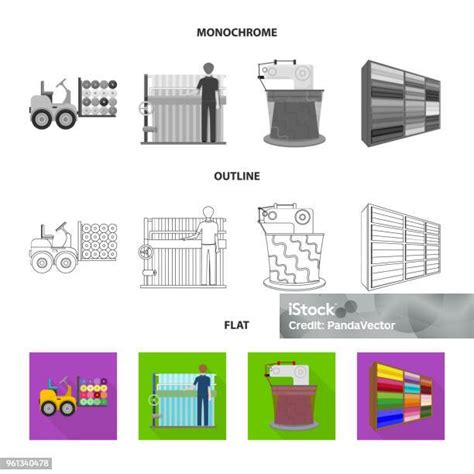 장비 기계 지게차 및 평면 개요 흑백 스타일에서 다른 웹 아이콘 섬유 산업 조직 아이콘 집합된 컬렉션 면에 대한 스톡 벡터 아트