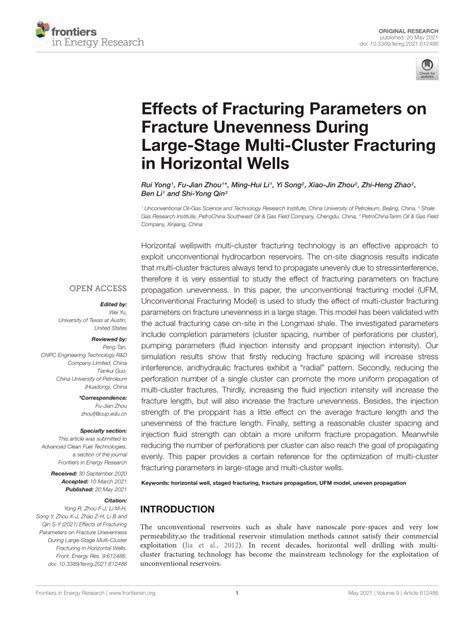 Pdf Effects Of Fracturing Parameters On Fracture Unevenness During Large Stage Multi Cluster