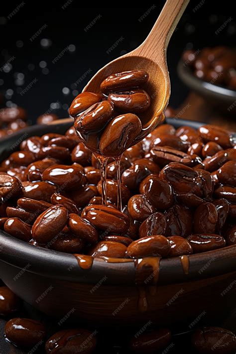 Premium Ai Image A Wooden Spoon Of Java Beans Flying Over Dark Background