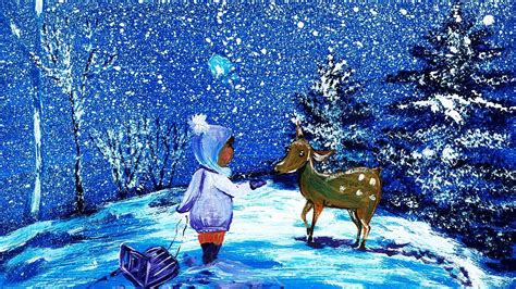 Рисуем зимнюю сказку Как нарисовать зимний пейзаж гуашью Рисуем девочку с оленем Зима гуашью