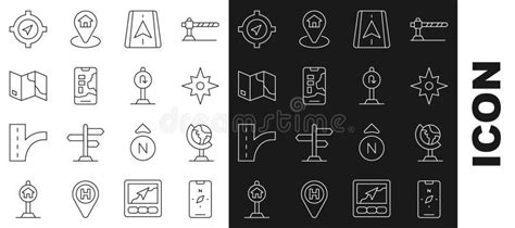 Set Line Compass On Mobile Earth Globe Wind Rose City Map Navigation Folded And Turn Back
