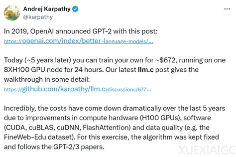 五年后的今天，训练gpt 2只需不到700刀、24小时，karpathy又整新活 学习aigc