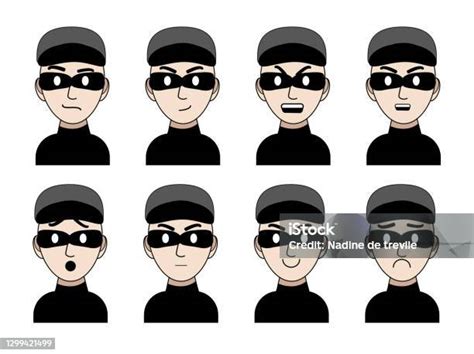 만화 스타일에 그려진 도둑 캐릭터의 감정 기쁨 교활함 분노 분노 슬픔 놀라움 경멸 평온 다른 감정을 가진 사기범의 초상화의 벡터