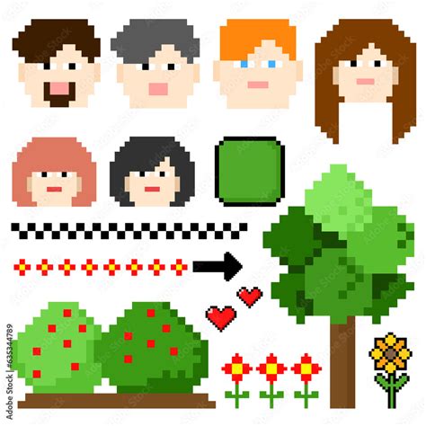 Cute Cartoon Pixel Art Male And Female Tree Flowers On White Stock Illustration Adobe Stock