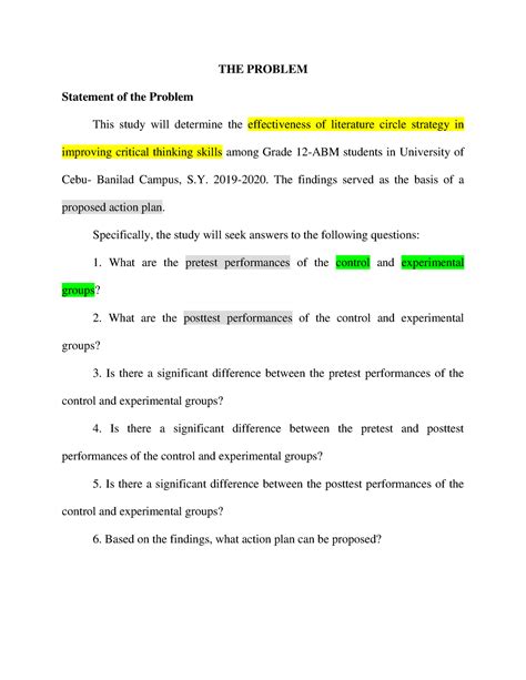 Sample Research Problem NULL Hypothesis Definition OF Terms Experimental THE PROBLEM