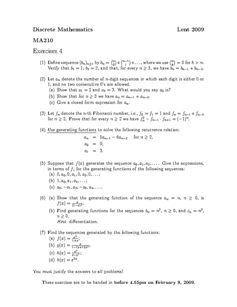 Ma210 2009 2010 Week 4 Exercises Discrete Mathematics Lent 2009 Ma Exercises 4 1 Define