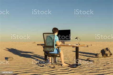 사막 환경에서 Pc 사무실 작업장에 앉아 있는 남자 작업량 스트레스 소진 개념 3d 일러스트레이션 0명에 대한 스톡 사진 및 기타 이미지 Istock