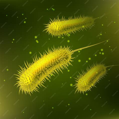 Bacillus Bacteria En Forma De Varilla Amarilla Con Fimbrias Y Flagelos Sobre Fondo Verde Borroso