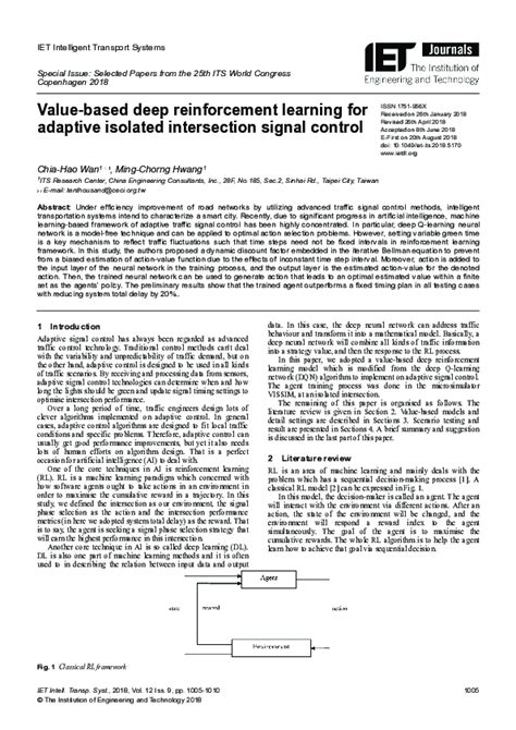 Pdf Value‐based Deep Reinforcement Learning For Adaptive Isolated Intersection Signal Control