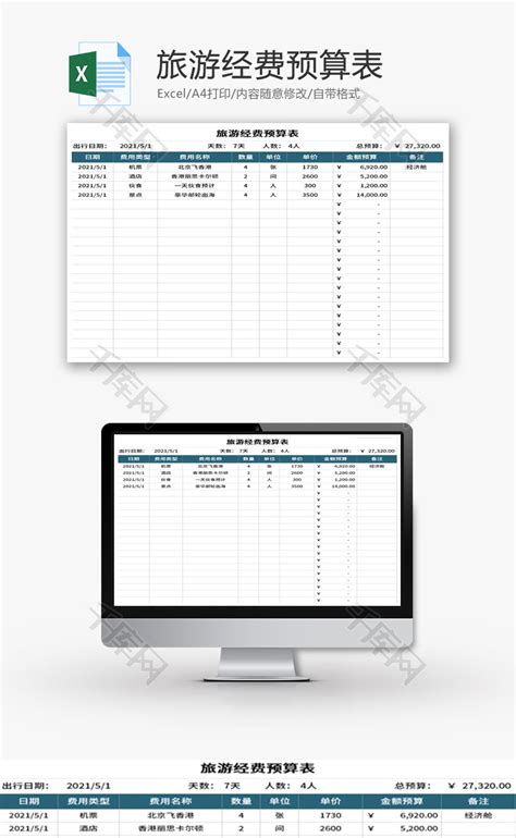 旅游经费预算表excel模板 免费excel表格模板下载 千库网