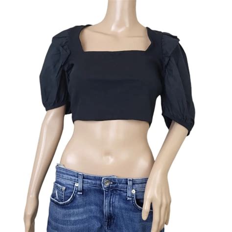 Zara Tops Zara Black Square Neck Puff Sleeve Crop Top Poshmark