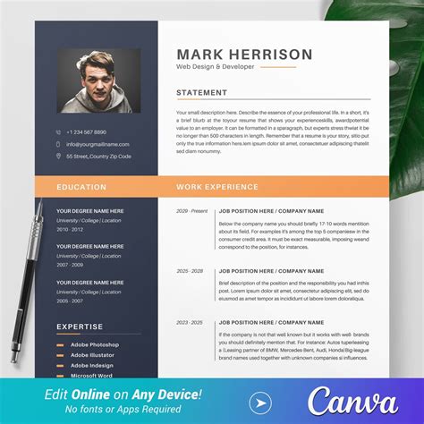 Editable Resume CV Template With Custom Cover Letter Instant Digital Download Canva Resume