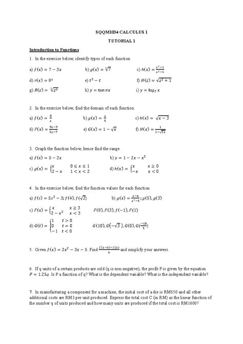 Tutorial Part SQQM CALCULUS TUTORIAL Introduction To Functions In The Exercise