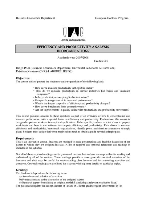 Pdf Efficiency And Productivity Analysis In Organisations